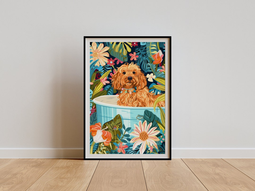 Cavoodle Wall Art, Ruby Cavapoo Boho Jungle Bathtub Print, Maximalist ...