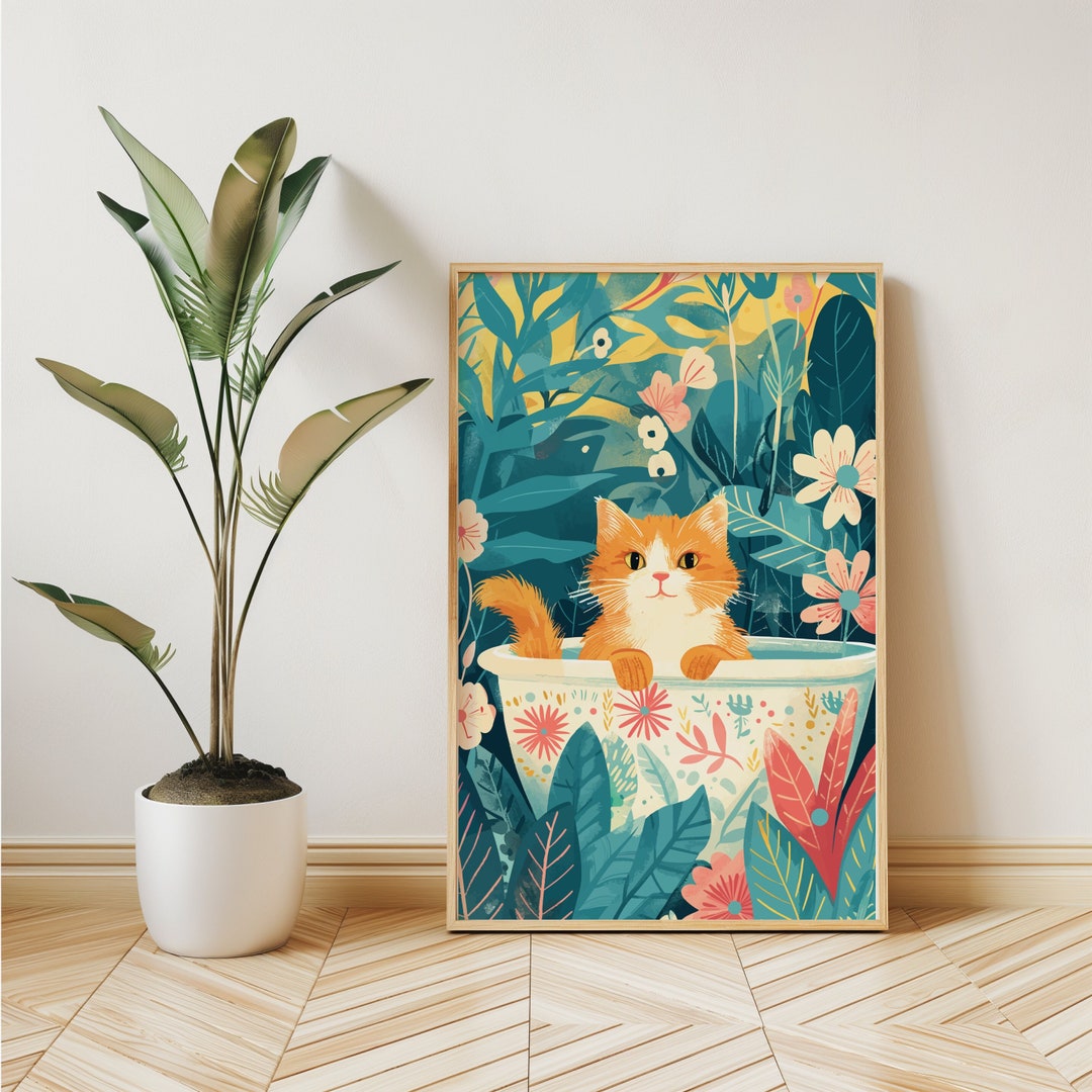 Ginger Cat Wall Art, Boho Kitten Jungle Bathtub Print, Maximalist ...