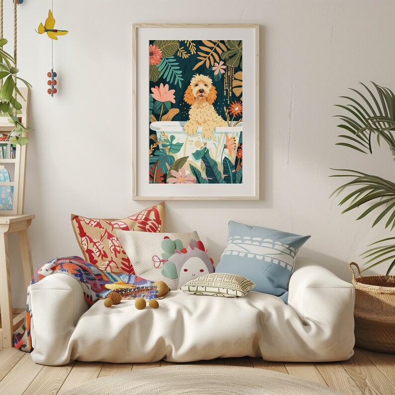 Goldendoodle Wall Art, Doodle Boho Jungle Bathtub Print, Groodle ...