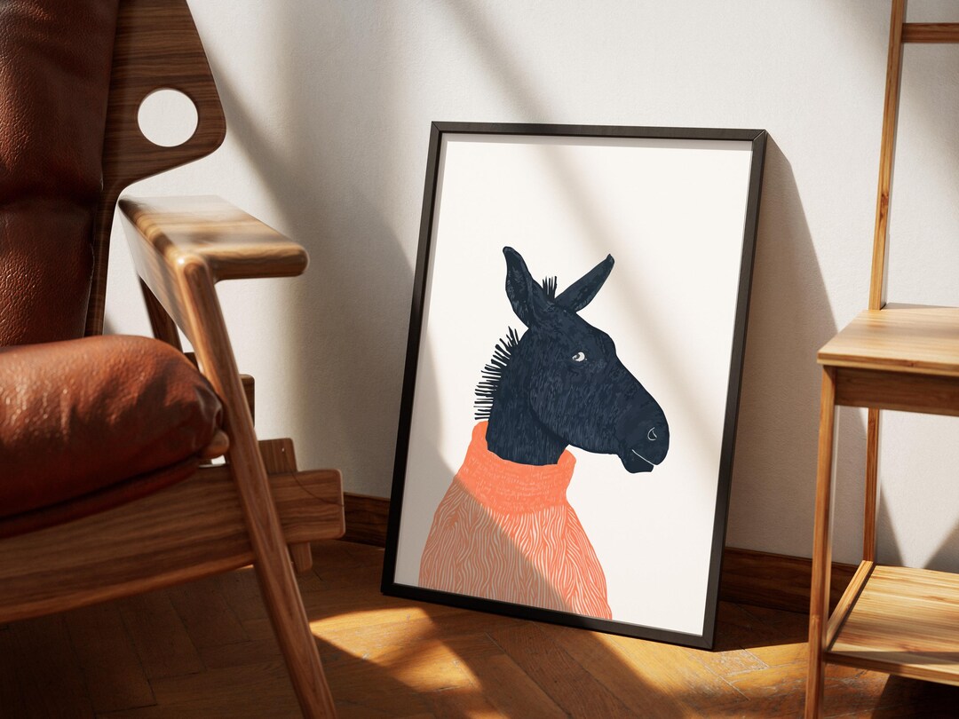 Funny Donkey Artwork Retro Quirky Wall Art, Donkey Cartoon Vintage ...
