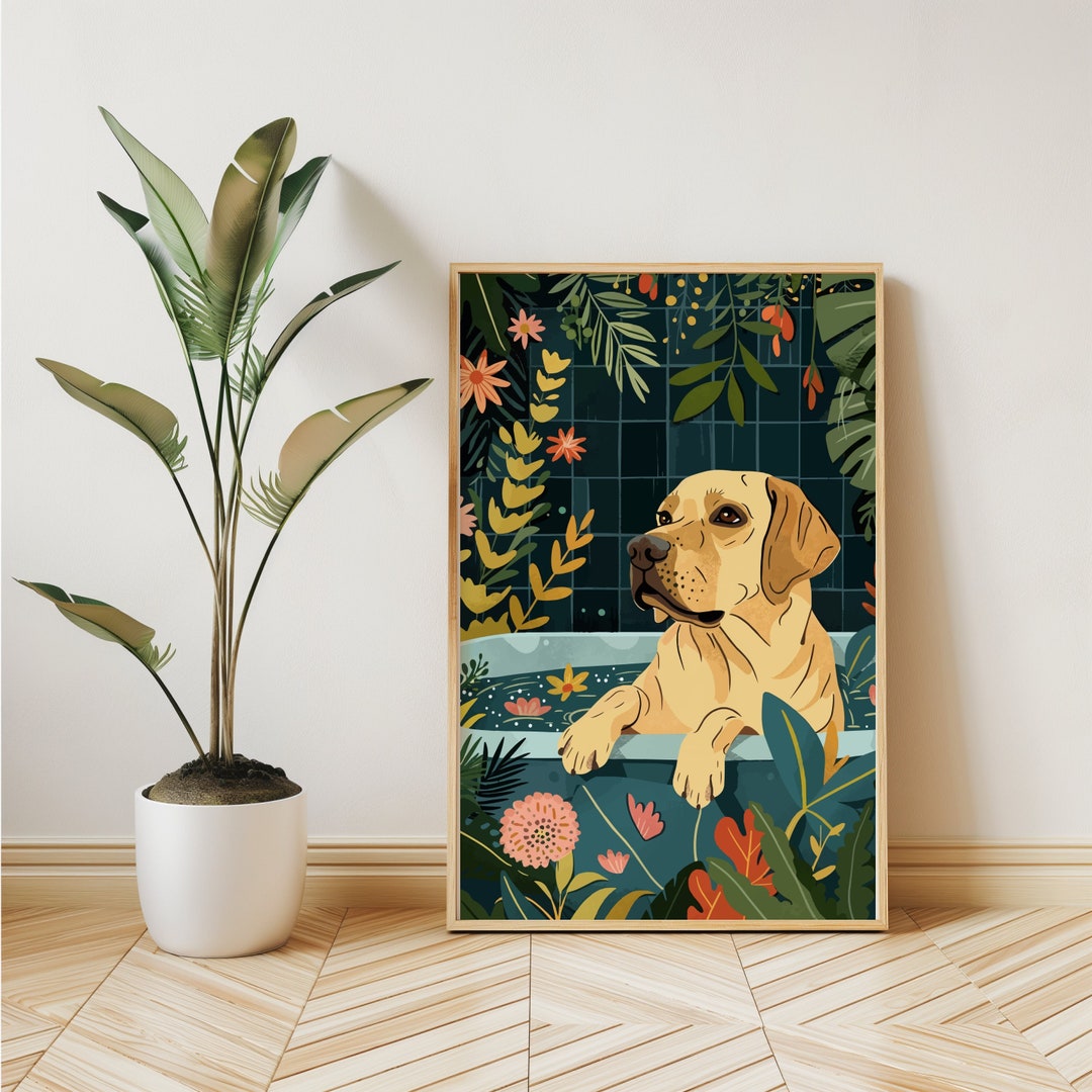 Yellow Labrador Wall Art, Boho Jungle Bathtub Print, Maximalist ...