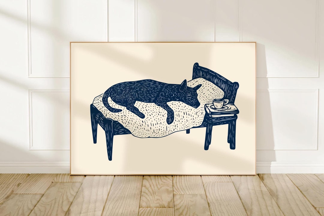 Dog Wall Art Print, Quirky Retro Sleepy Dog Coffee Illustration ...