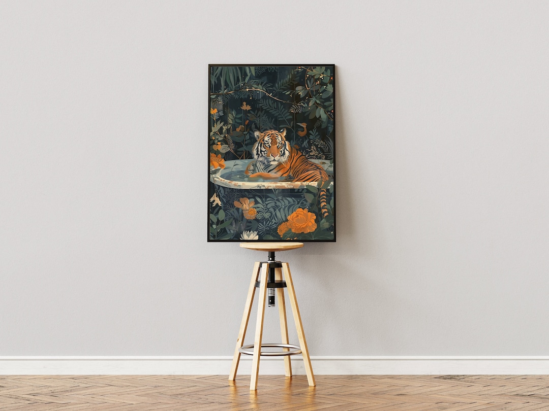 Tiger Wall Art on Fine Art Paper, Boho Jungle Animal Bathtub Print ...