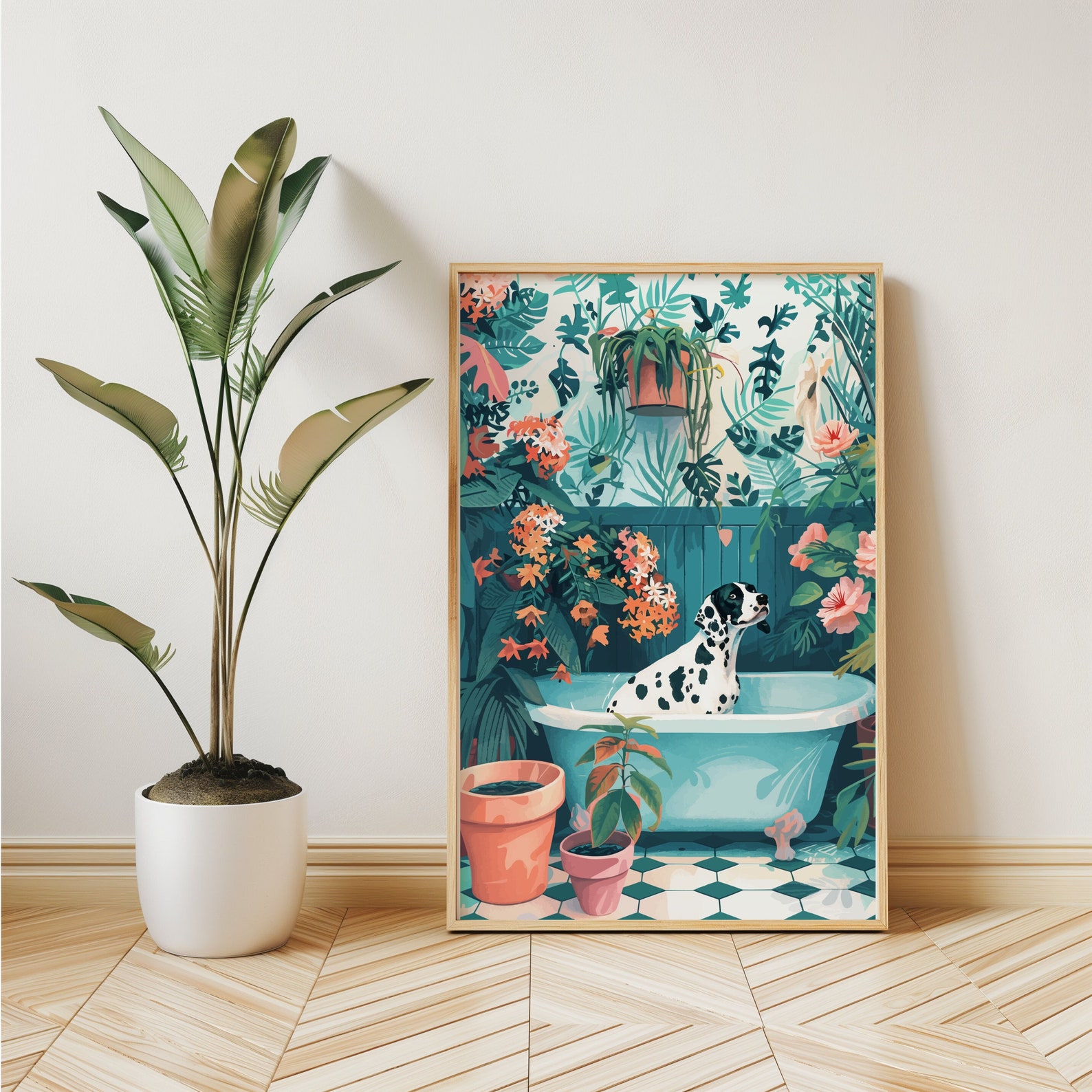 Dalmatian Wall Art, Jungle Bathtub Tropical Print, Maximalist Botanical ...