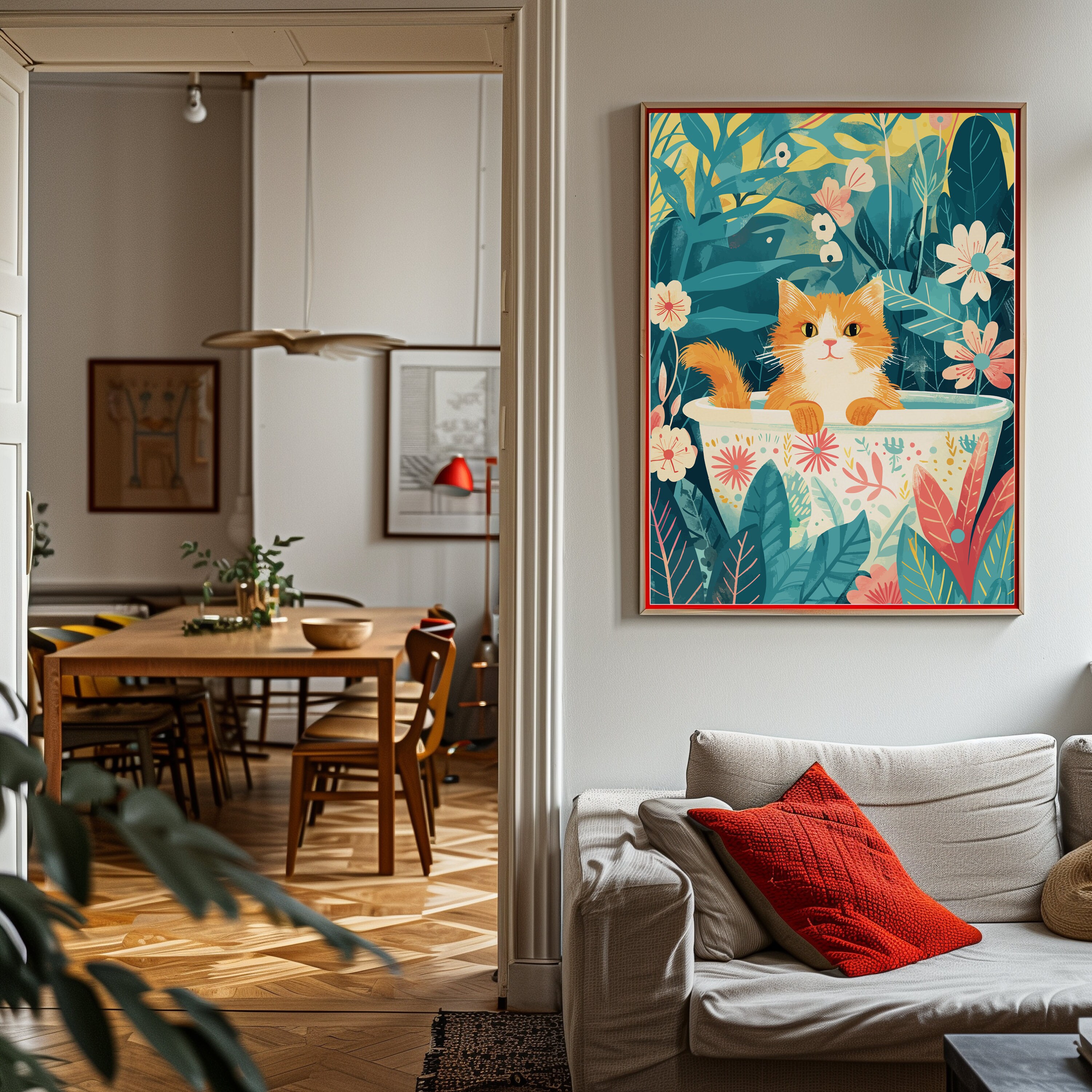 Ginger Cat Wall Art, Boho Kitten Jungle Bathtub Print, Maximalist ...