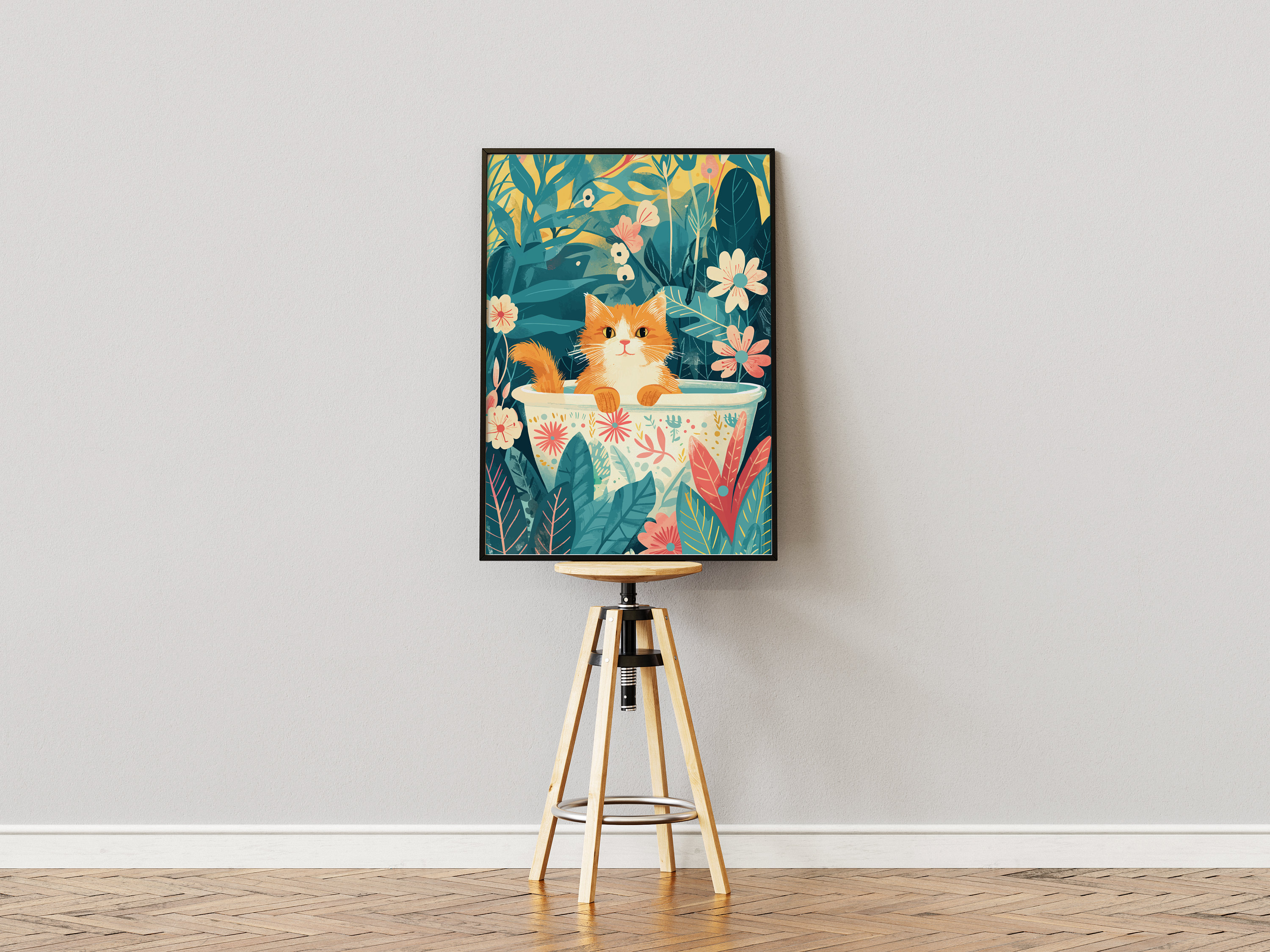 Ginger Cat Wall Art, Boho Kitten Jungle Bathtub Print, Maximalist ...