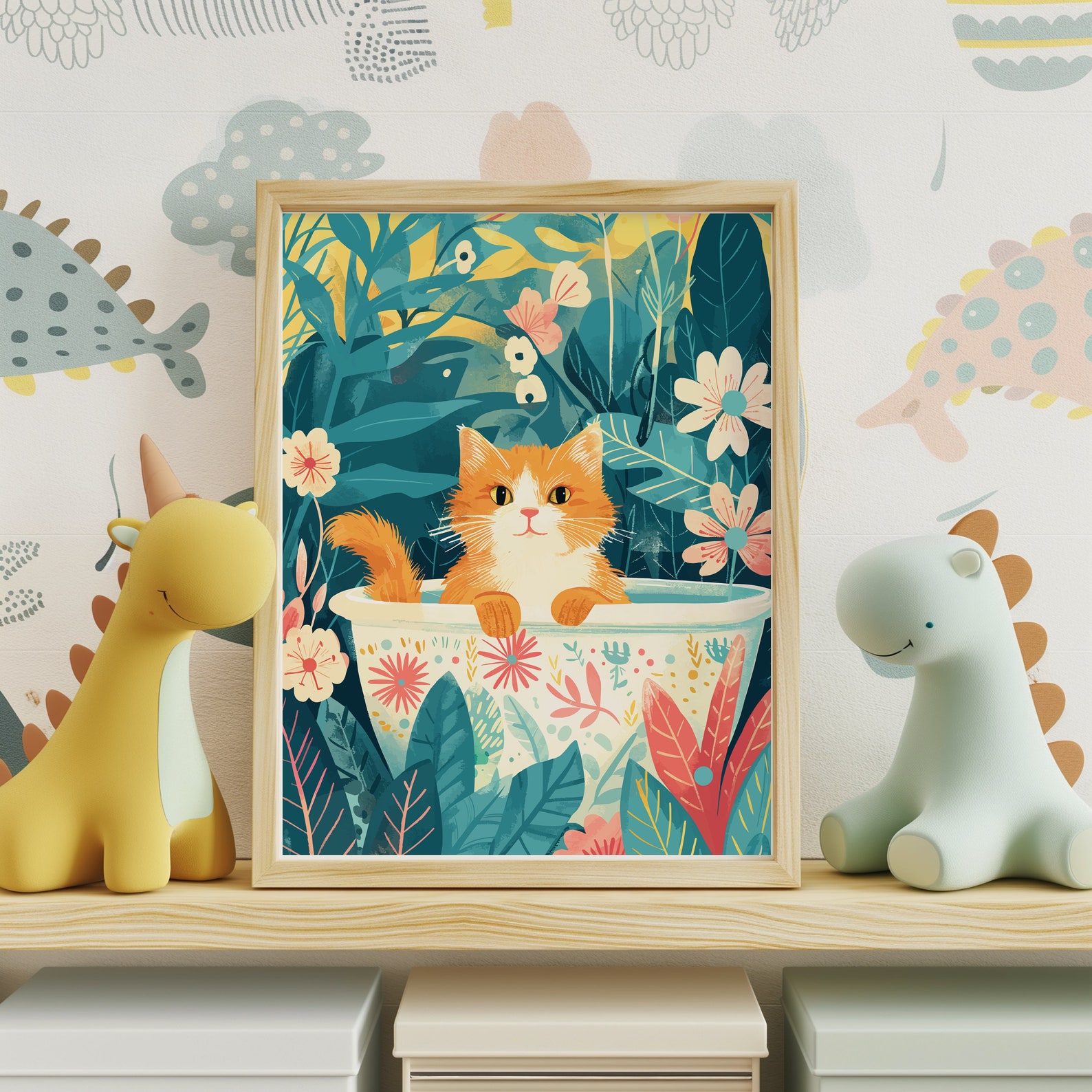 Ginger Cat Wall Art, Boho Kitten Jungle Bathtub Print, Maximalist ...