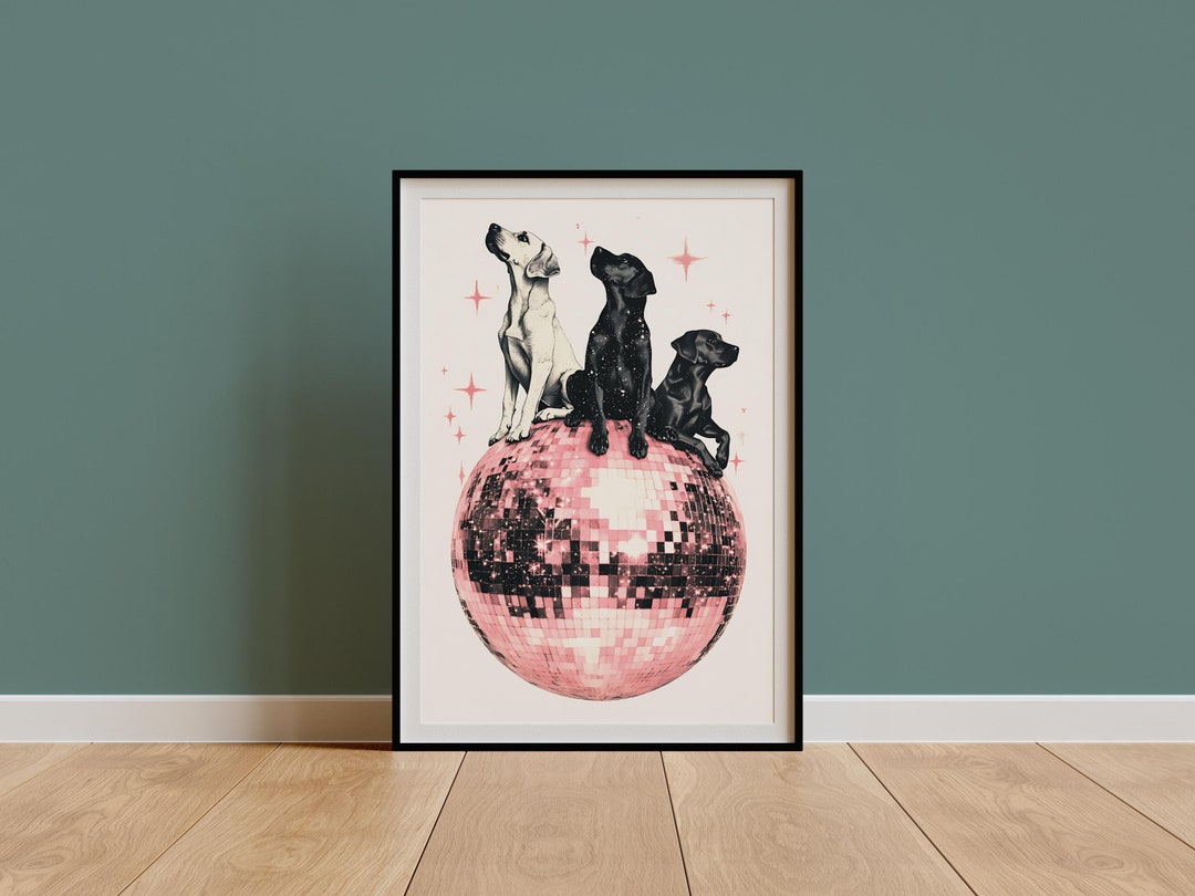 Labrador Wall Art Print, Vintage Disco Ball Poster, 70s Funky Retro ...