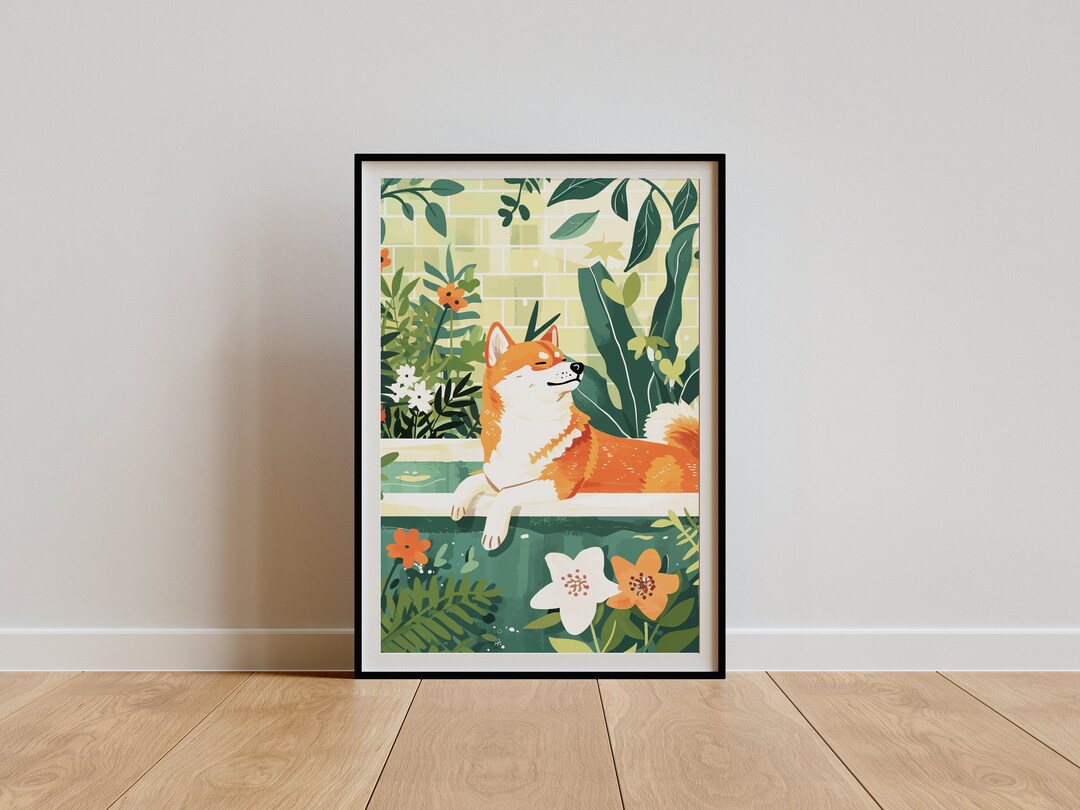 Shiba Inu Wall Art, Boho Jungle Bathtub Print, Maximalist Botanical ...