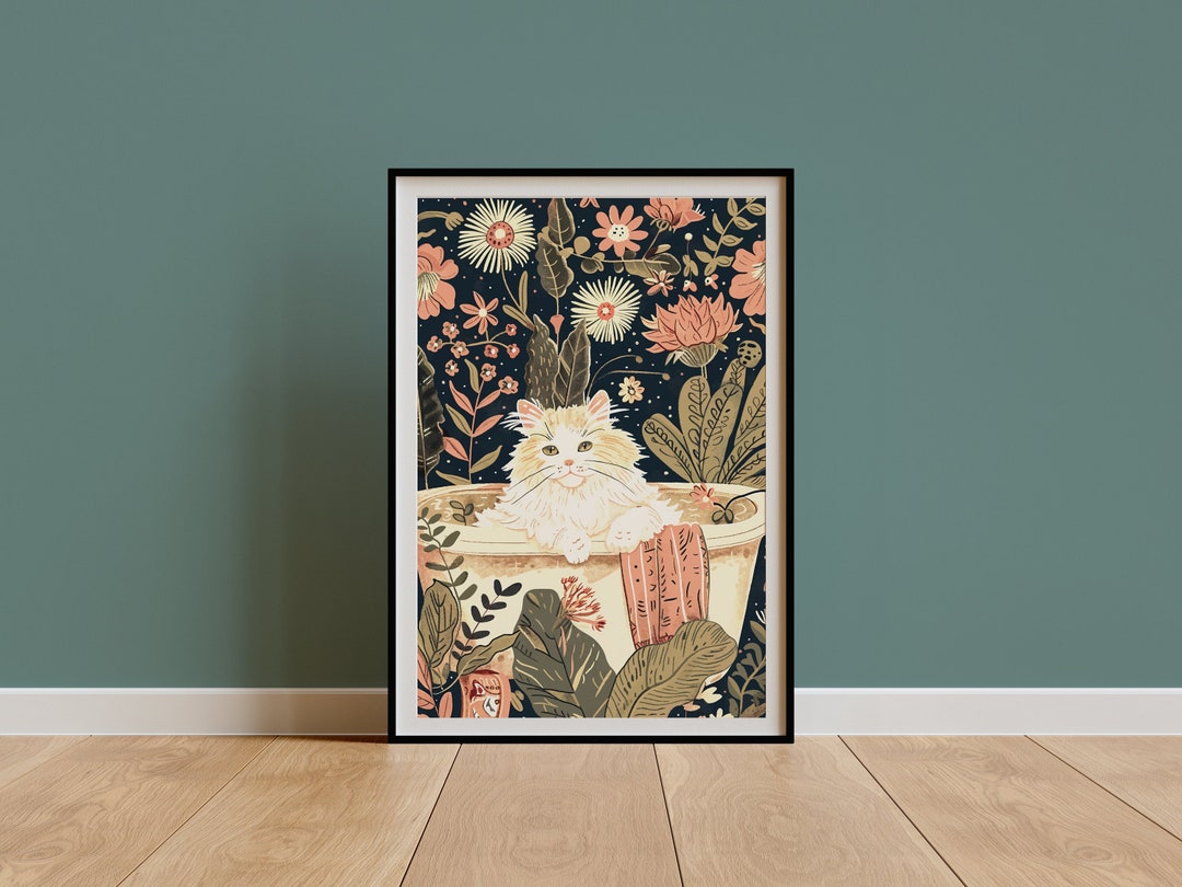 Persian Cat Wall Art, Boho Kitten Jungle Bathtub Print, Maximalist ...