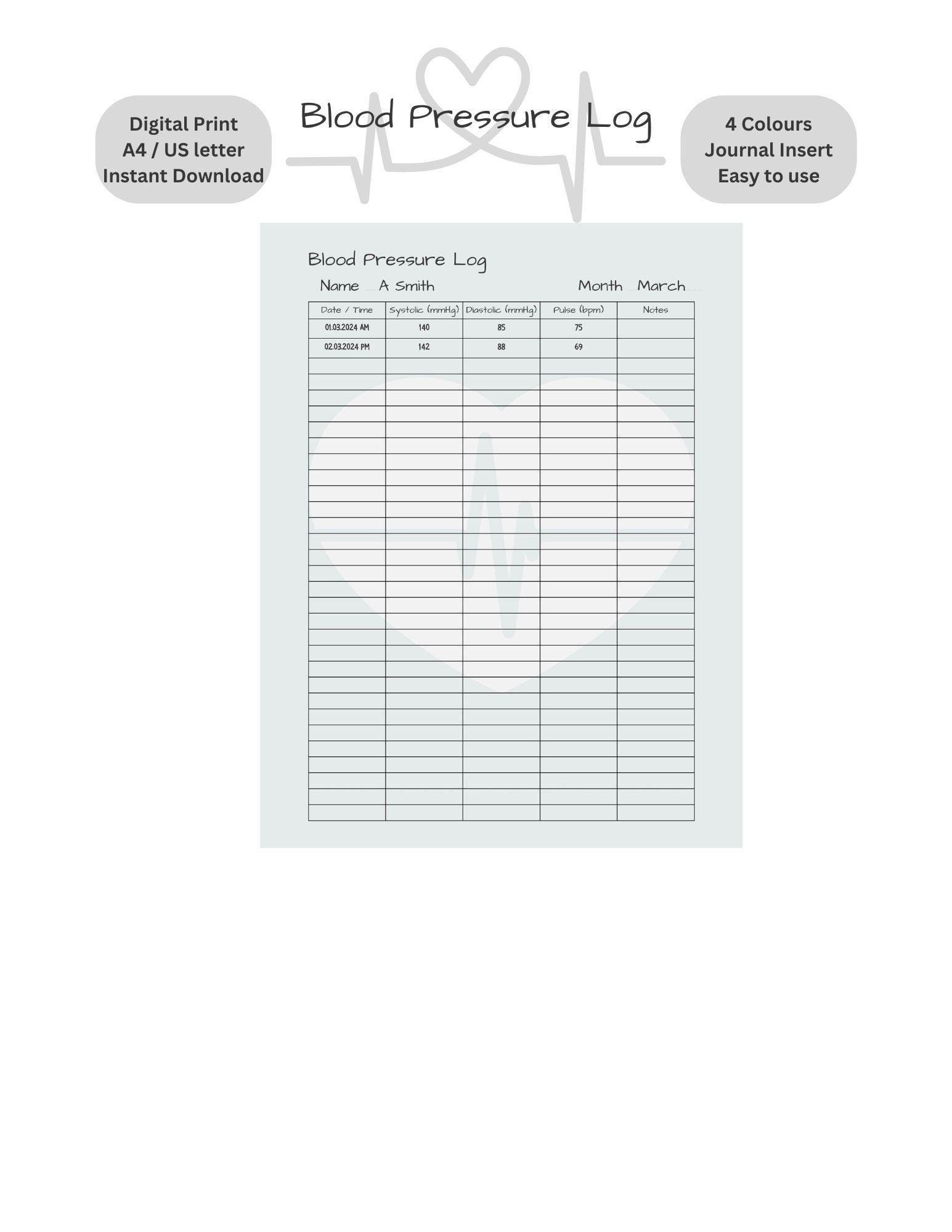 Blood Pressure Log Printable, Blood Pressure Tracker Template ...