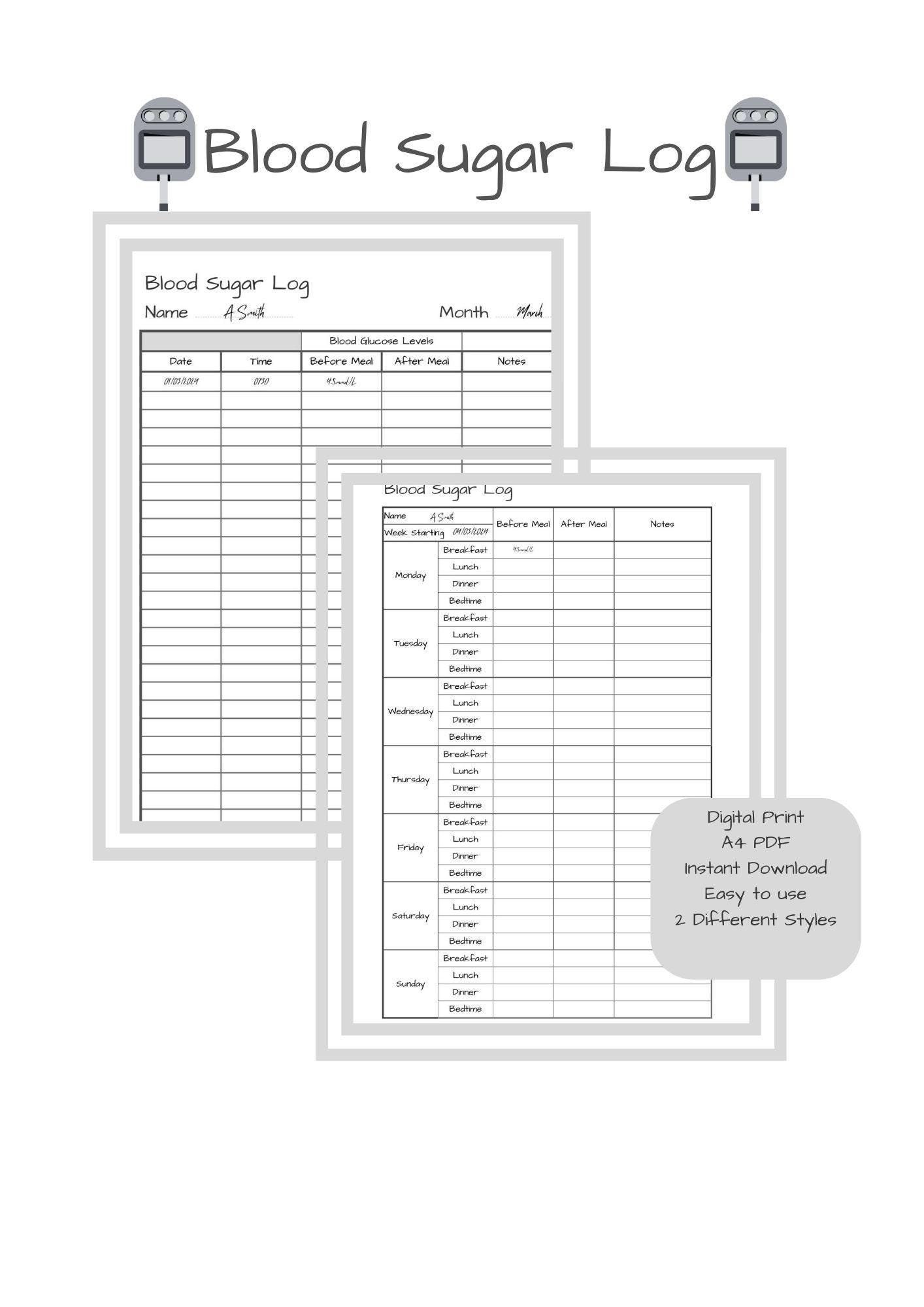 Blood Sugar Log Printable, Daily Glucose Tracker, Diabetes Health ...