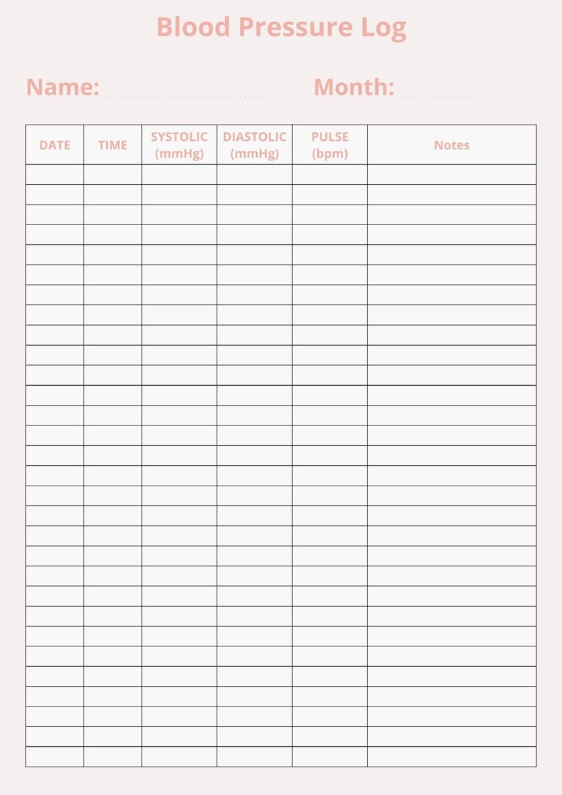 Blood Pressure Log Printable, Blood Pressure Tracker Template ...