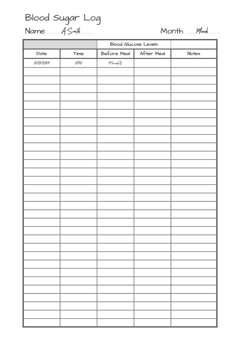 Blood Sugar Log Printable, Daily Glucose Tracker, Diabetes Health ...