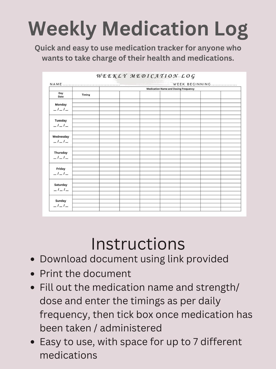 Weekly Medication Tracker Printable Template, Pill Schedule Organizer ...
