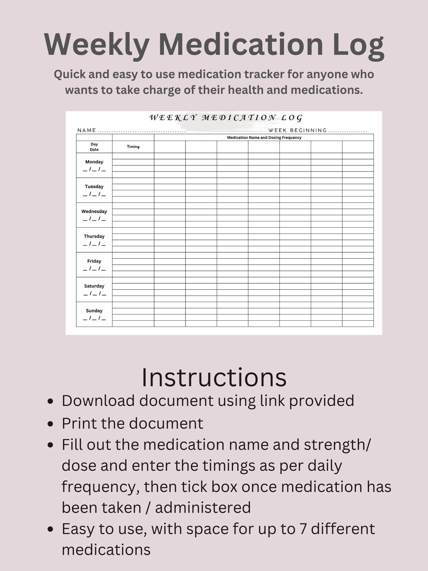 Weekly Medication Tracker Printable Template, Pill Schedule Organizer ...