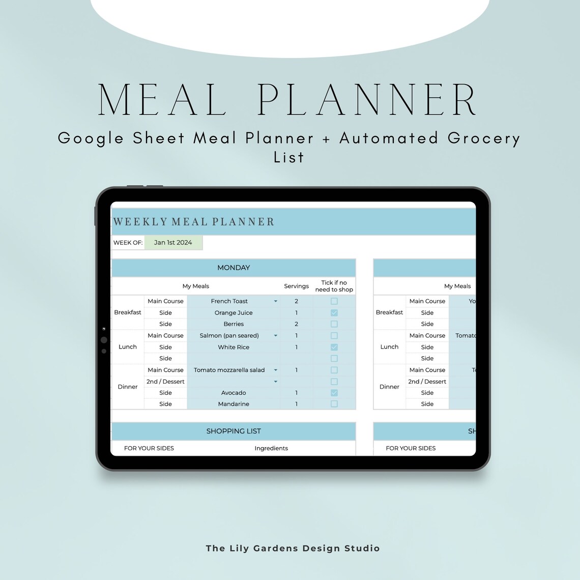 Google Sheets Weekly Meal Planner and Grocery Store List Template ...