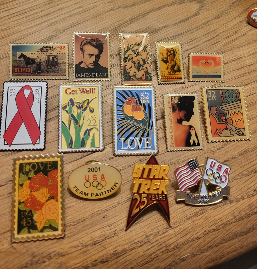 Vintage Collectable Pins, Postage Stamp, Star Trek, Olympic Team ...