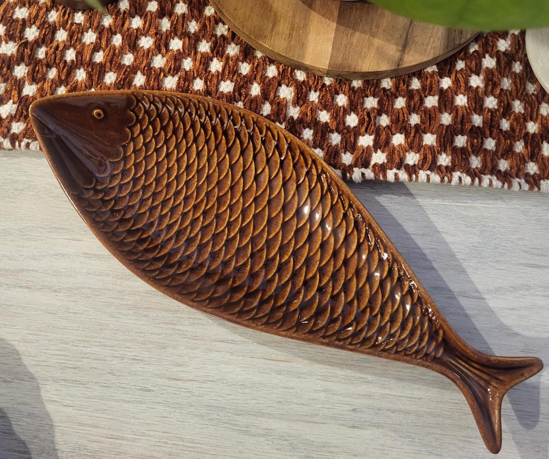 Vintage 1958 MCM Stig Lindberg's Fladen Fish Dish Brown Stoneware ...