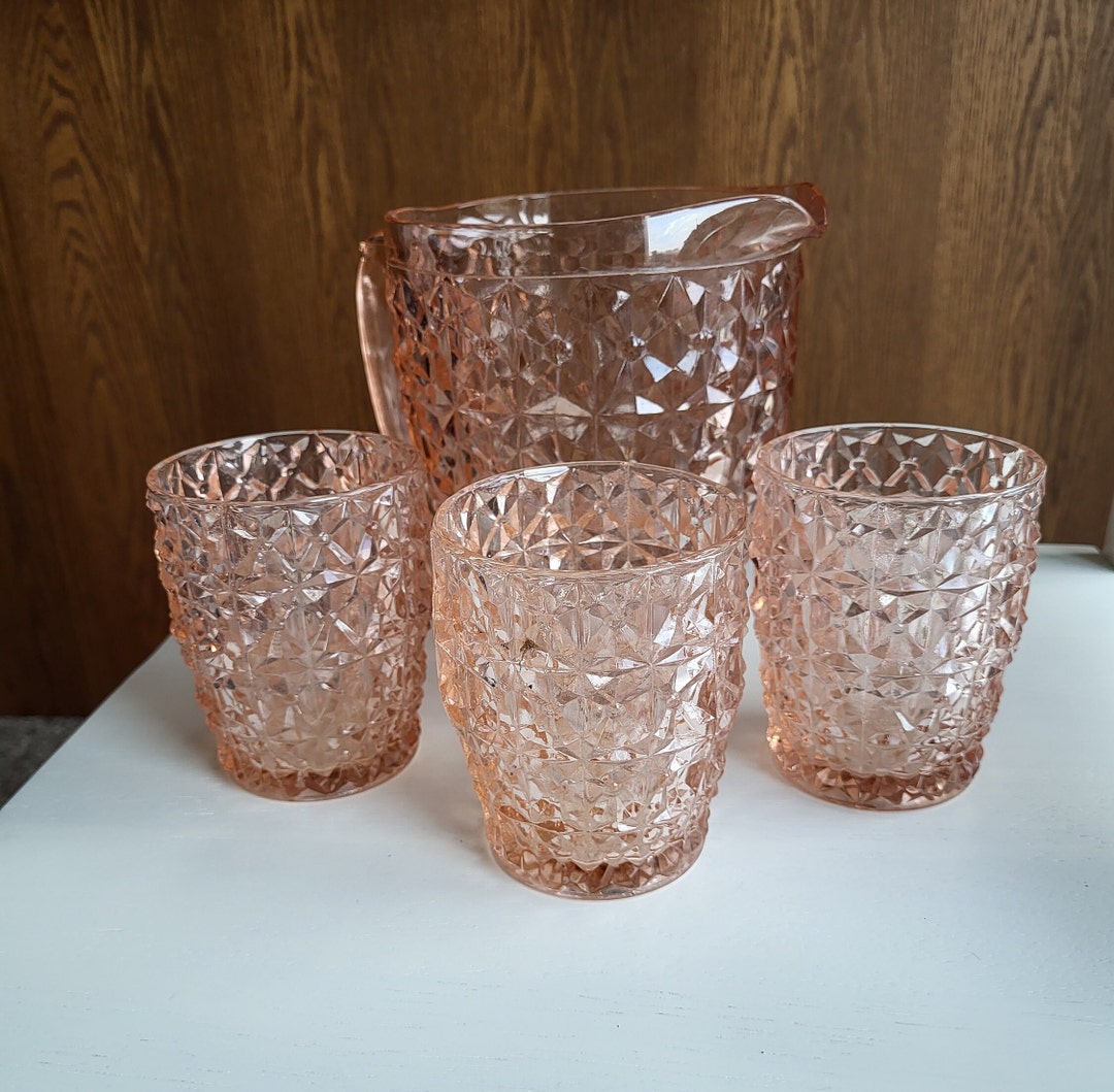 Vintage, Pink Buttons and Bows Depression Glass, Pitcher and Three ...