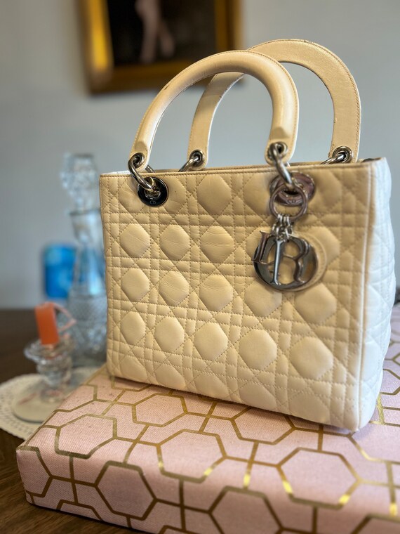 White Cream Lady Dior Quilted Lambskin leather bag- m… - Gem