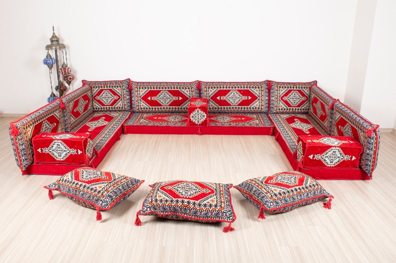 Custom U Shaped Diwan, Red Bench Cushion, Arabic Seating Set ...