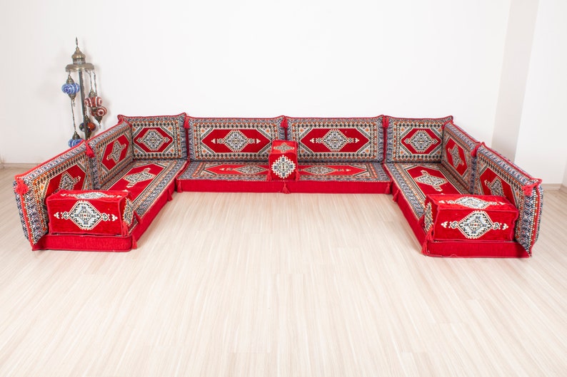 Custom U Shaped Diwan, Red Bench Cushion, Arabic Seating Set ...
