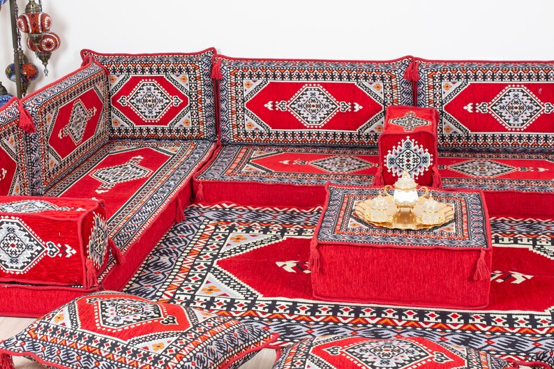 Custom U Shaped Diwan, Red Bench Cushion, Arabic Seating Set ...