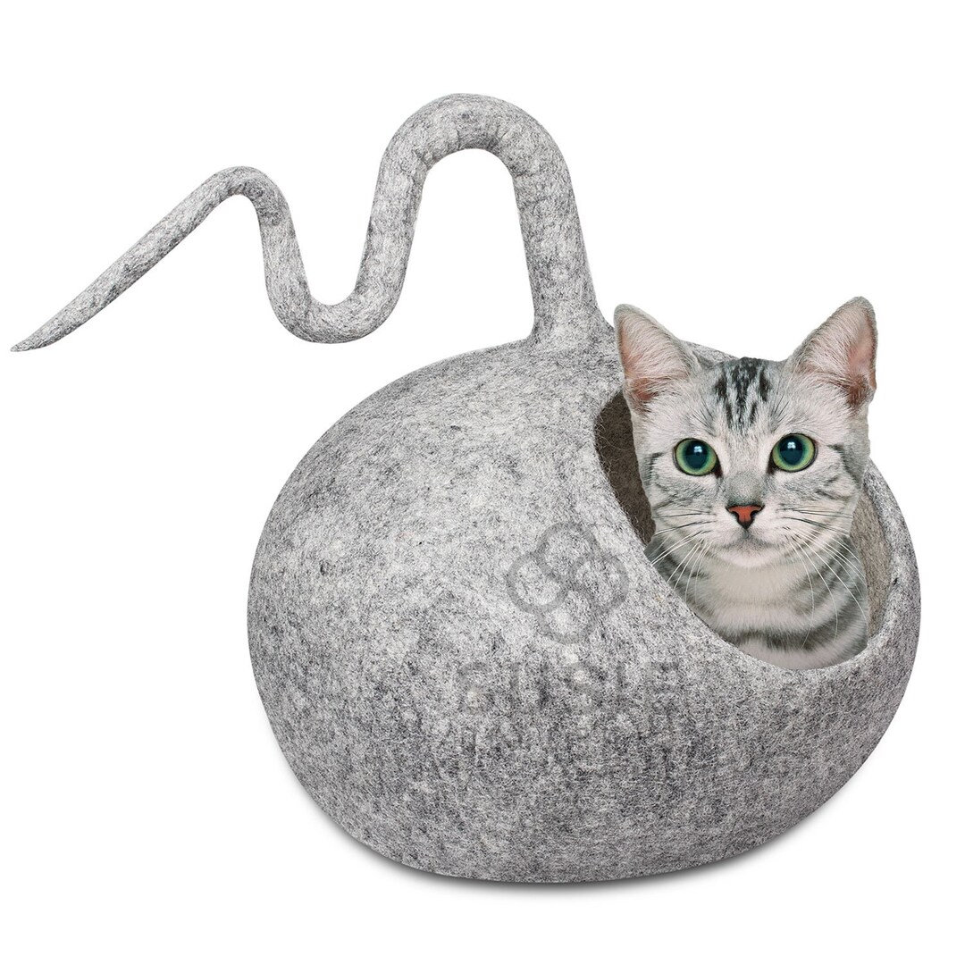 Cat Cave Long Tail Natural Gray Handmade Eco Friendly Natural Felted ...
