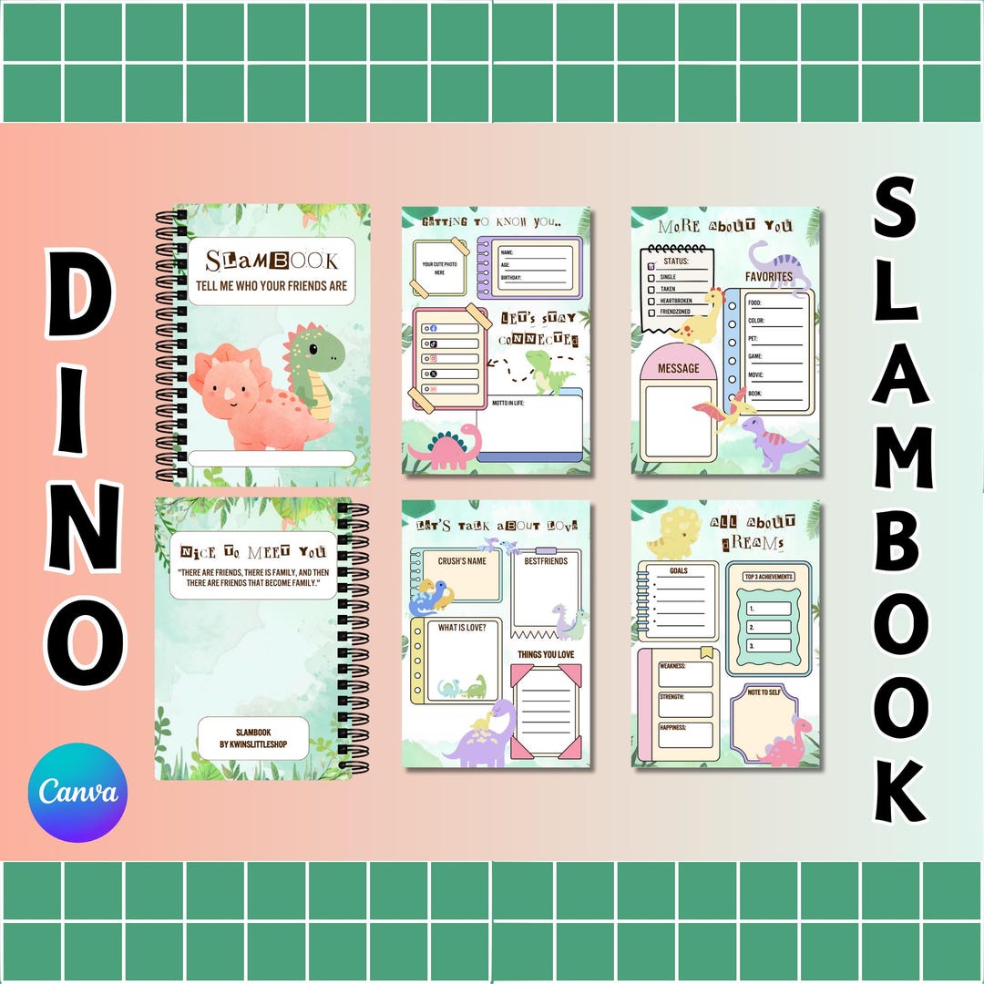 Dino Dinosaur Slam Book Slambook Cute Template Canva Editable Printable ...
