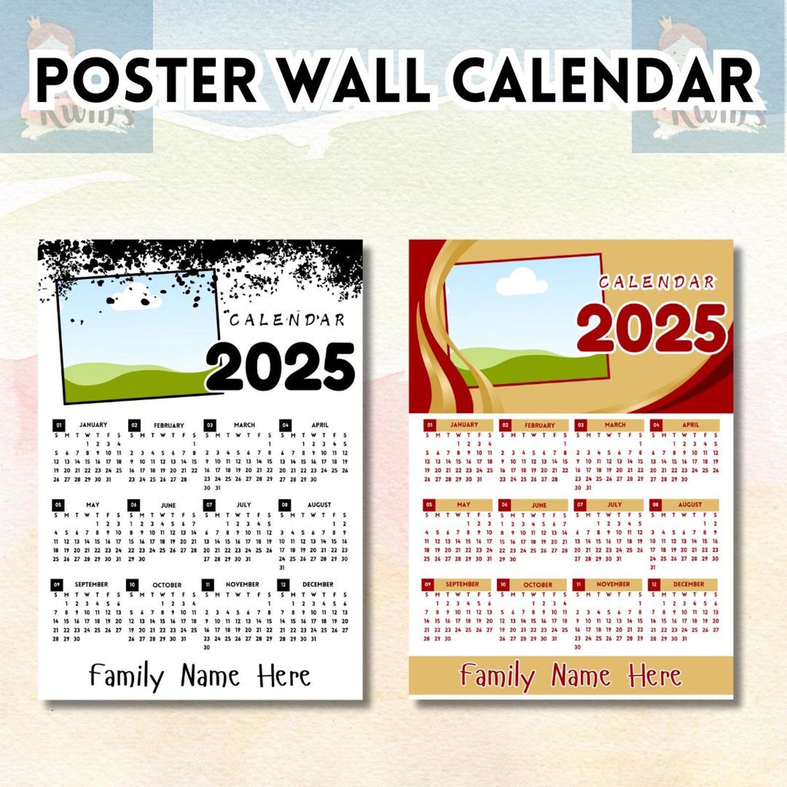 2025 Poster Wall Family Calendar Canva Editable Drag and Drop Printable ...