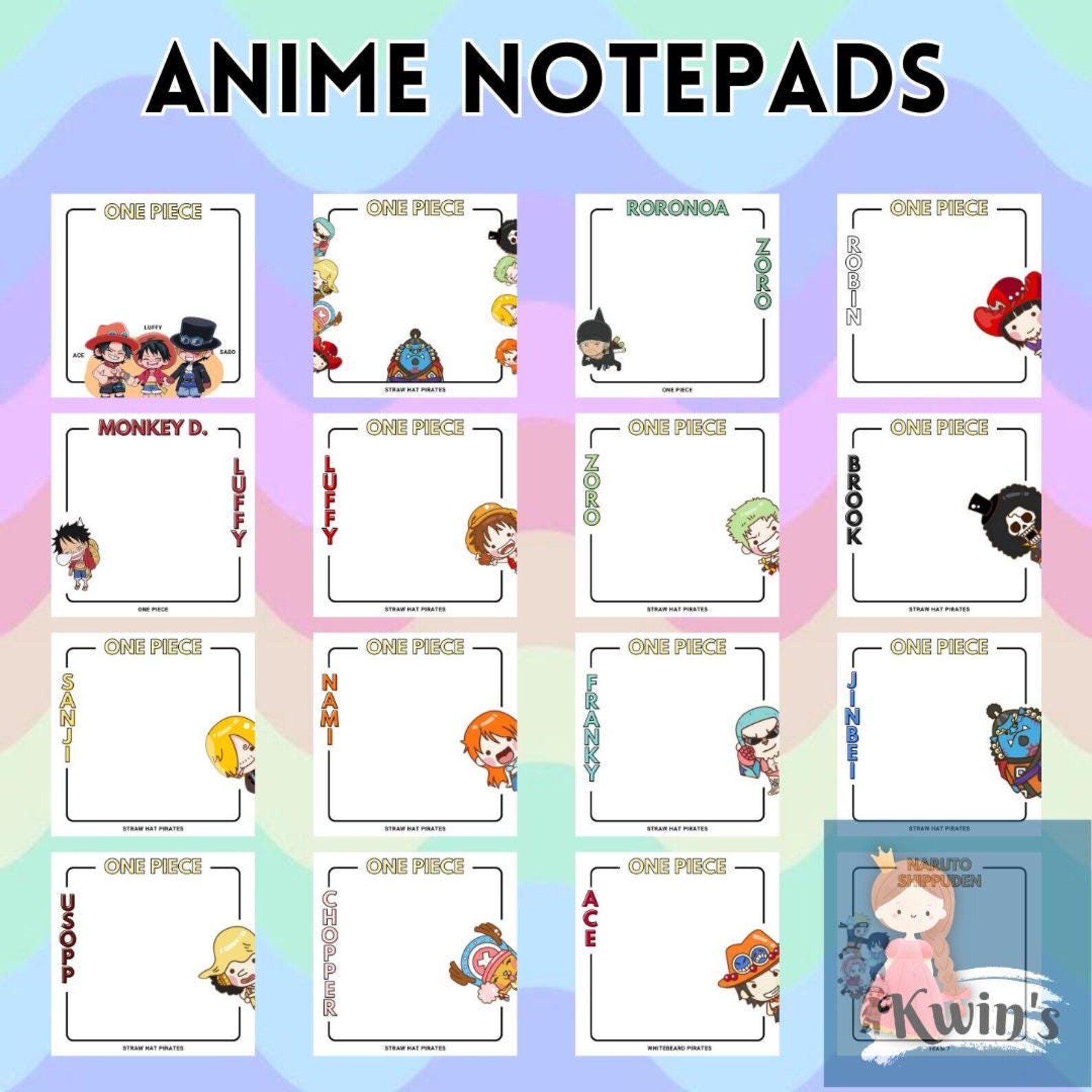 17 Anime Cute Square Notepads Canva Editable Template 3x3 One Piece ...