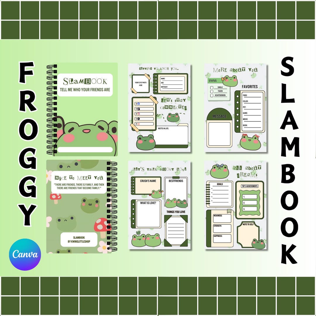 Froggy Frog Green Slam Book Slambook Cute Template Canva Editable ...