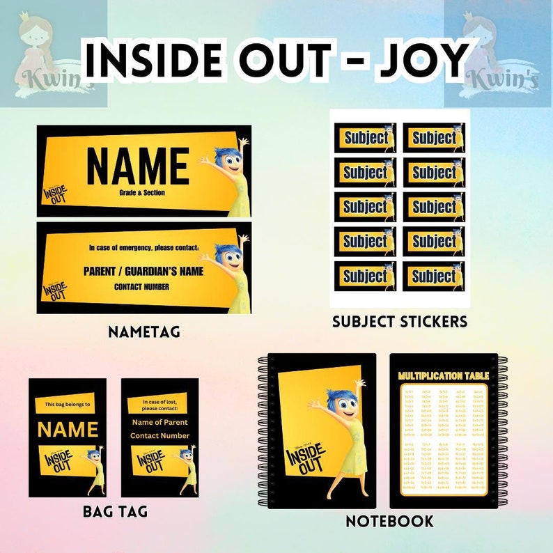 Inside Out 2 Characters Back to School Templates Nametag Subject ...