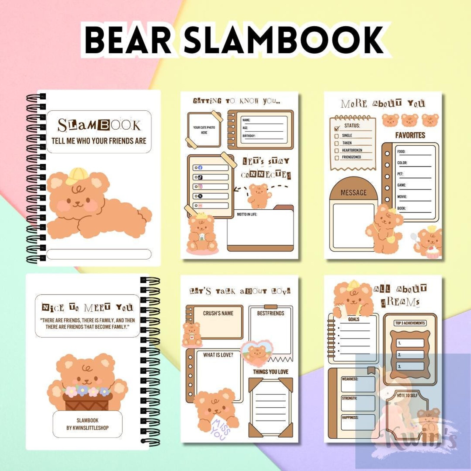 Bear Slam Book Cute Template Canva Editable Printable - Etsy