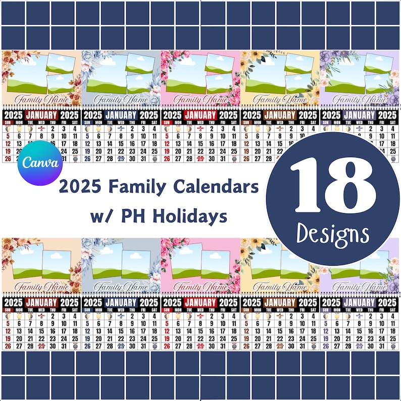 2025 A4 Family Wall Calendars Templates Floral Flower Canva Editable 6 ...