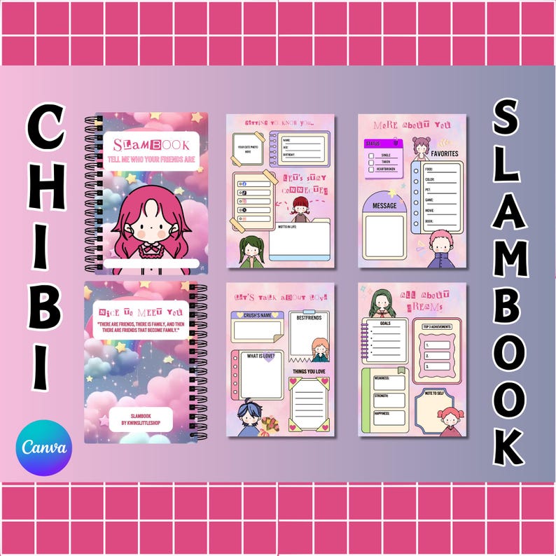 Chibi Girl and Boy Pink Slam Book Slambook Cute Template Canva Editable ...