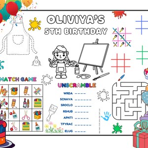 Placemat Coloring & Activity Sheet Paint Party Birthday Customizable ...