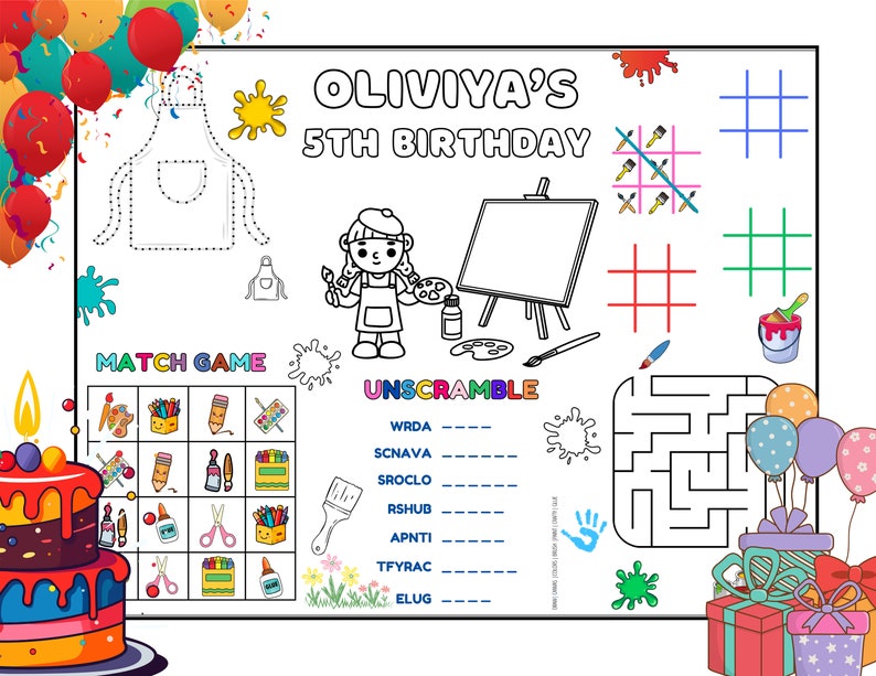 Placemat Coloring & Activity Sheet Paint Party Birthday Customizable ...