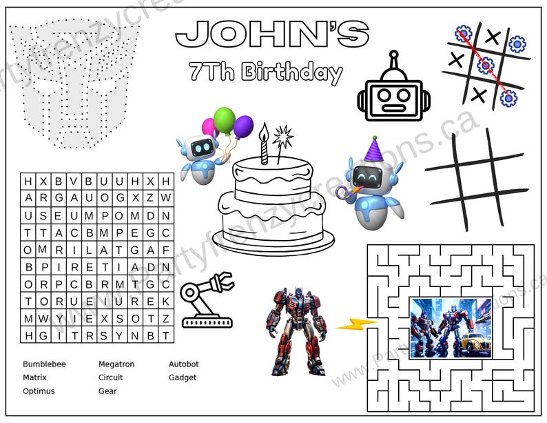 Placemat Coloring & Activity Sheet | Transformer Birthday ...