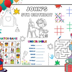Placemat Coloring & Activity Sheet Paint Party Birthday Customizable ...