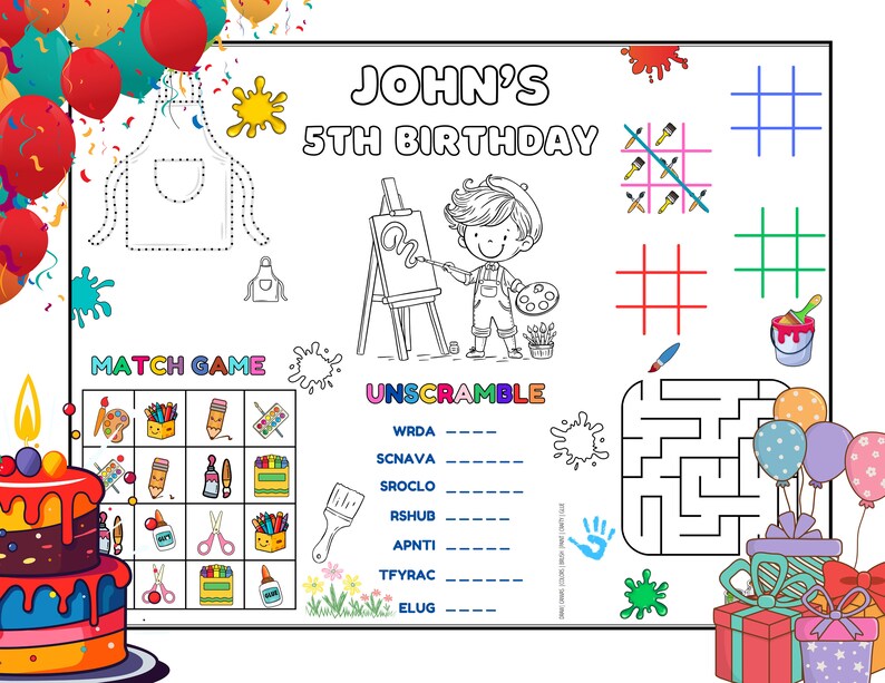 Placemat Coloring & Activity Sheet Paint Party Birthday Customizable ...