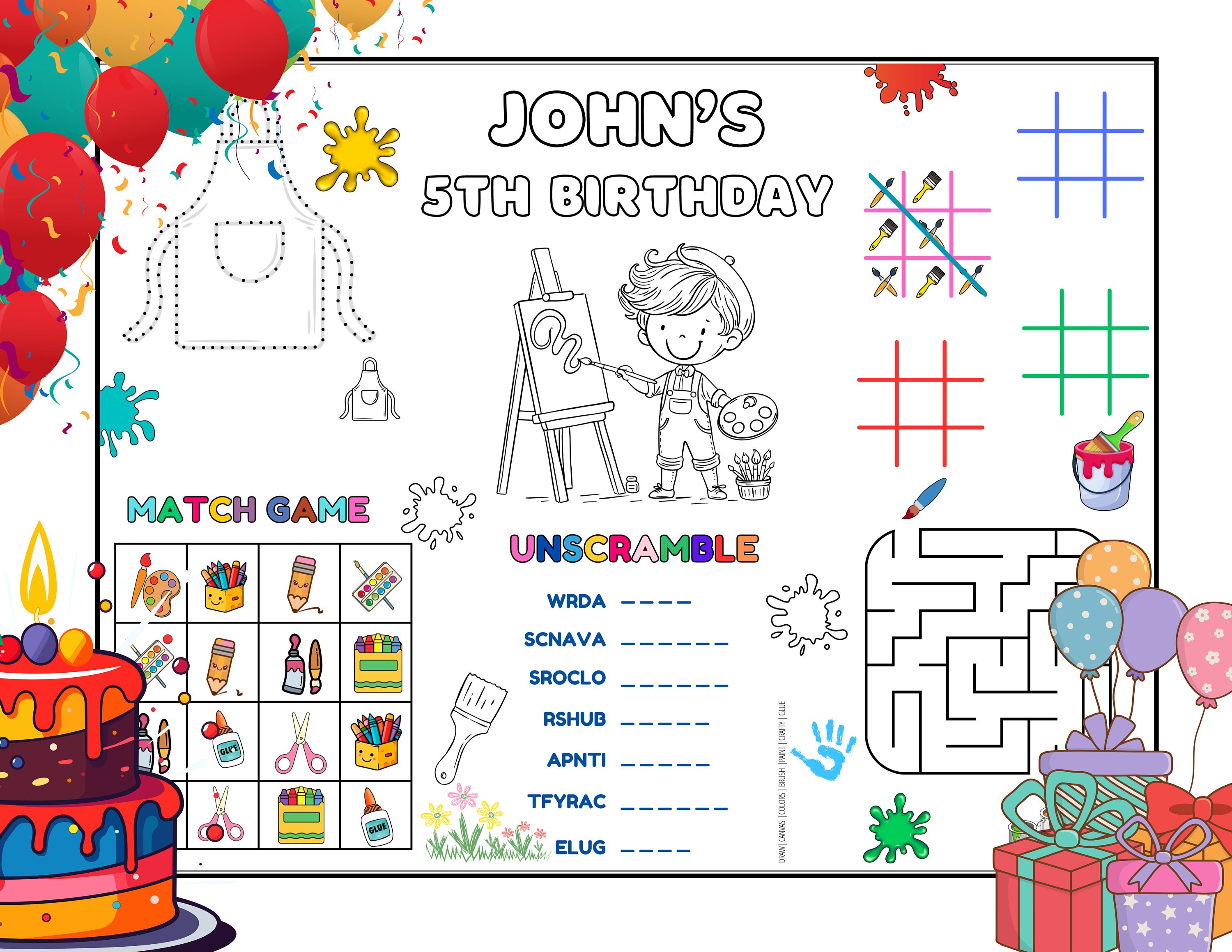 Placemat Coloring & Activity Sheet Paint Party Birthday Customizable ...