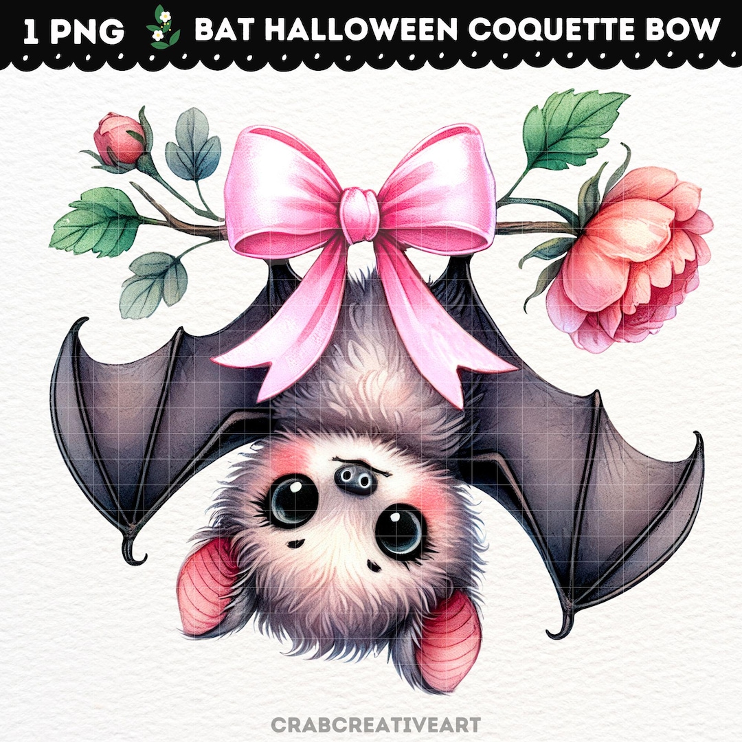 Coquette Bat With Pink Bow and Rose Halloween PNG - Halloween Bat ...