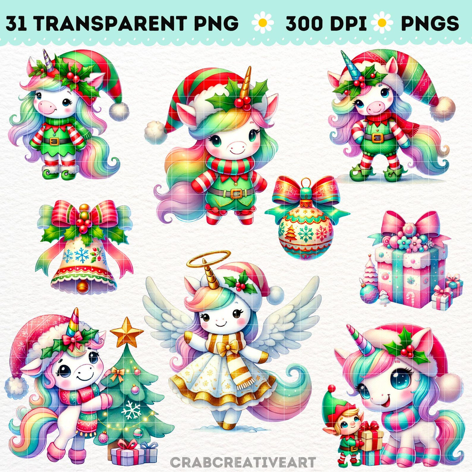 Elf & Rainbow Unicorn Holiday Magic Clipart - Cute Magical Unicorn ...