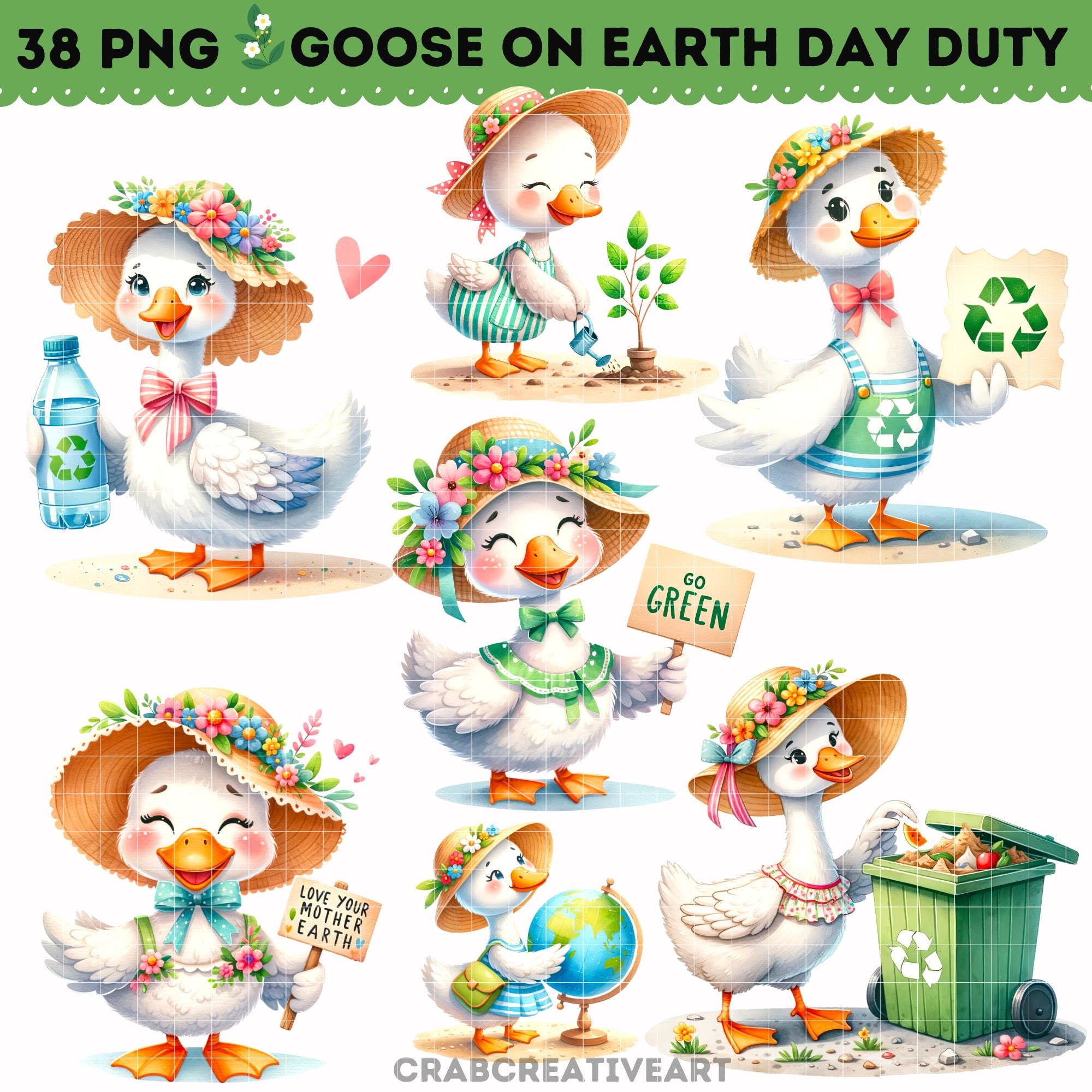 Eco Goose Clipart for Earth Day, Cute Geese Graphics, Watercolor Goose ...