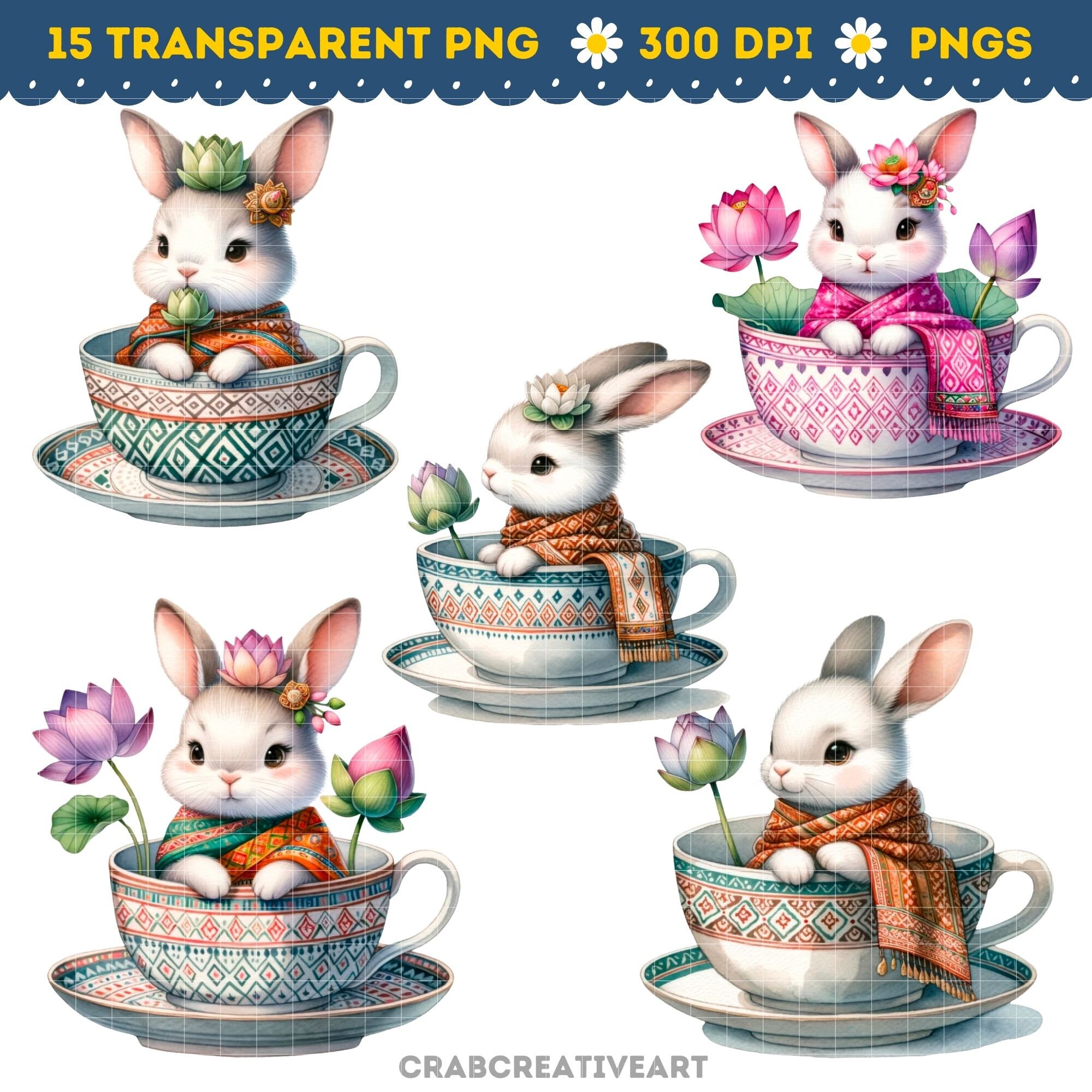 Watercolor Teacup Bunnies Clipart Traditional Scarf & Lotus ...