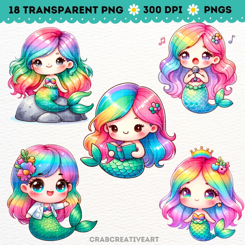 Mermaid Clipart, Rainbow Mermaid PNG, Printable Watercolor Clipart ...