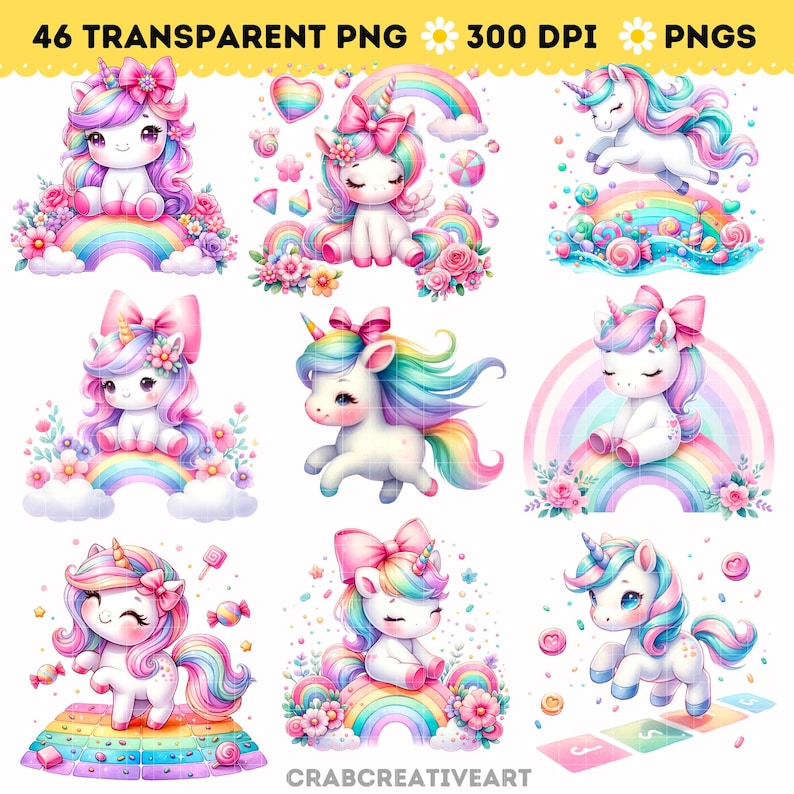 Floral Rainbow Unicorn Clipart - Pastel Baby Unicorns - Watercolor Baby ...