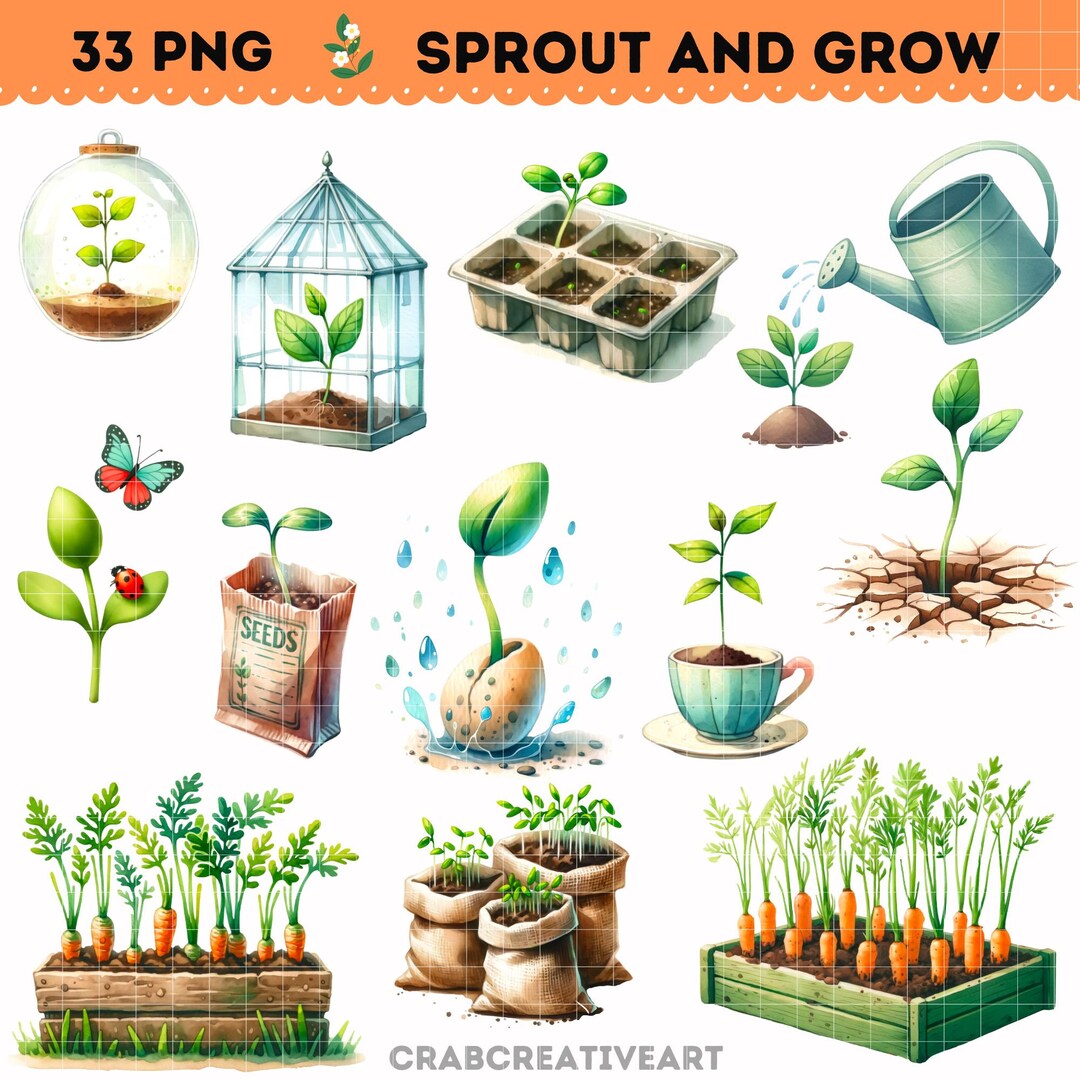 Watercolor Sprout & Grow Clipart - Potted Seedlings Clipart - Seedlings ...